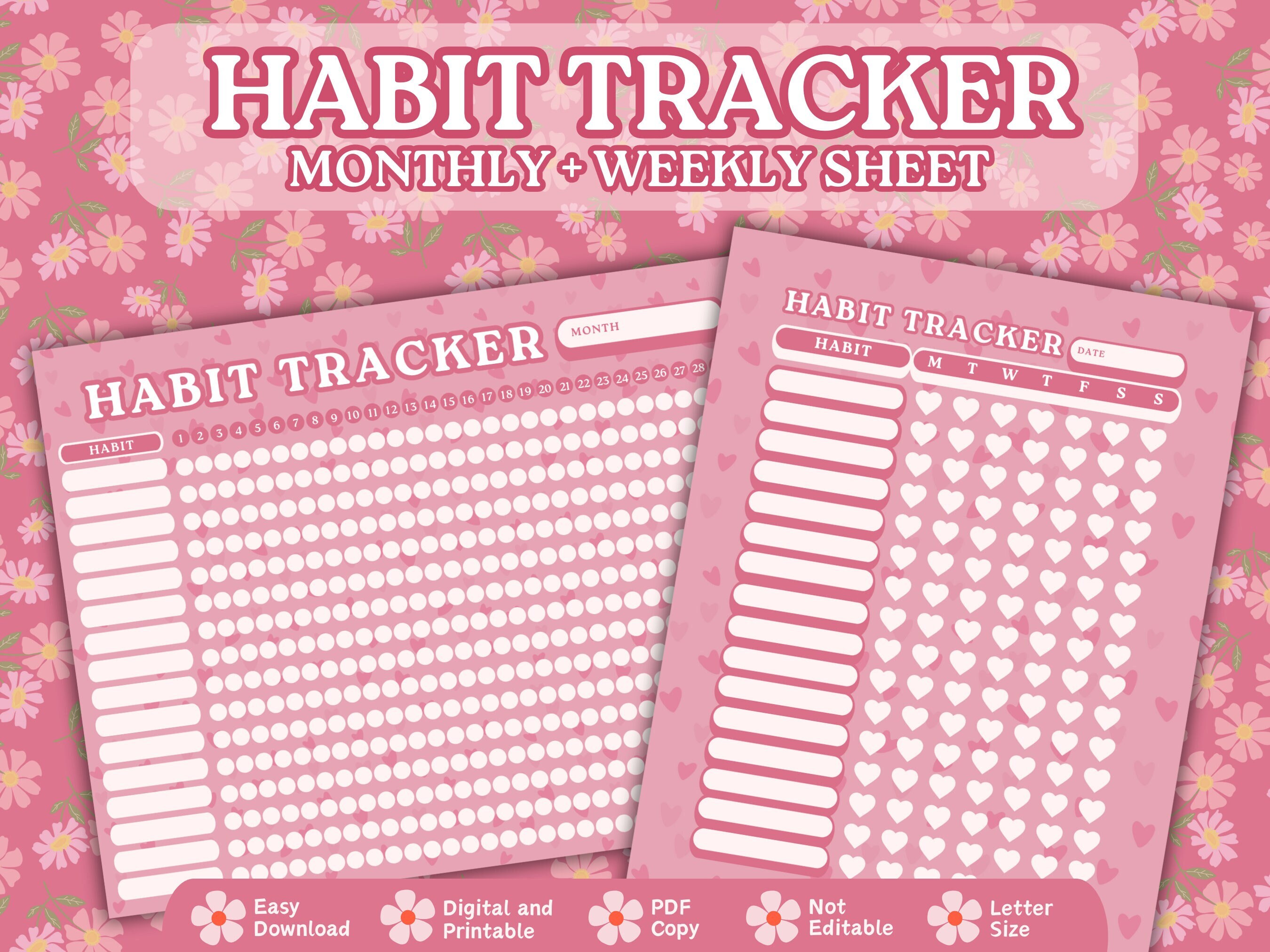 Printable Cute Habit Tracker Pink Monthly Habit Tracker Heart Flower ...