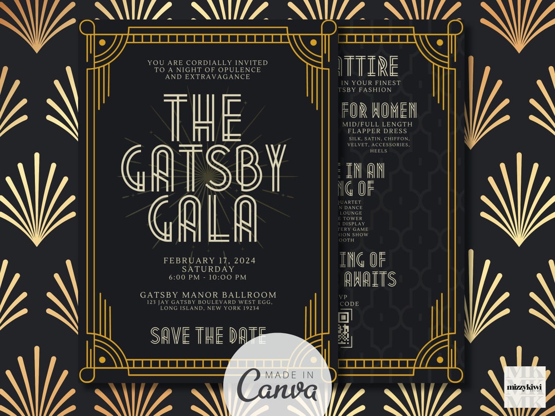 Great Gatsby Party Invitation Card Template Editable Roaring 20s Soiree ...