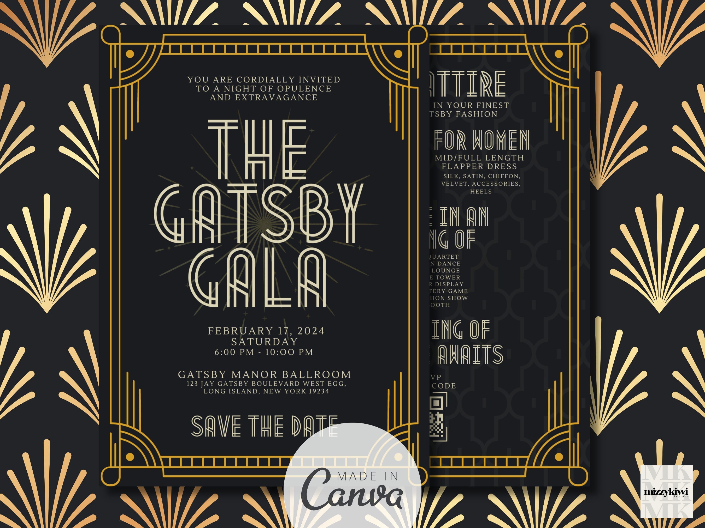 Great Gatsby Party Invitation Card Template Editable Roaring 20s Soiree ...