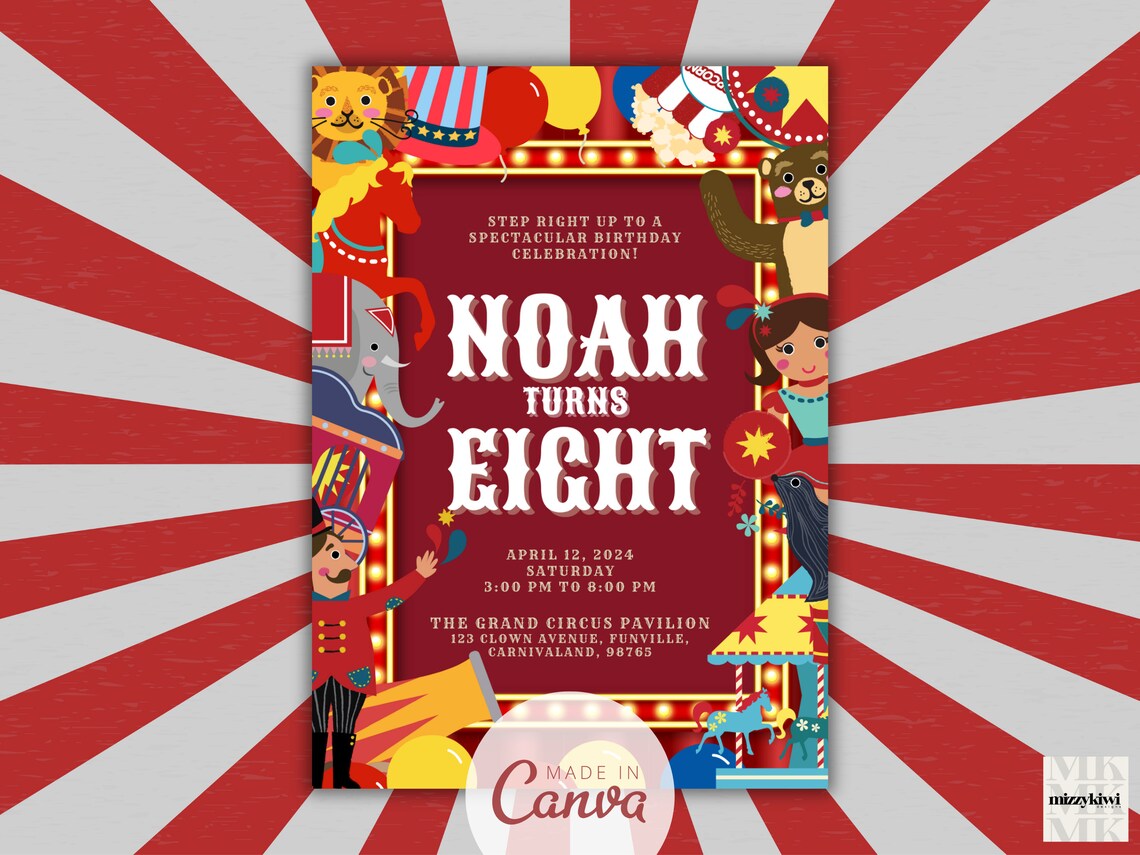 Circus Birthday Party Invitation Template for Kids Editable ...