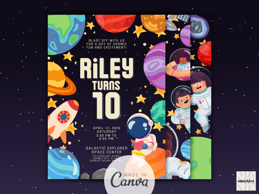 Outer Space Birthday Party Invitation Card Template Editable, Universe ...