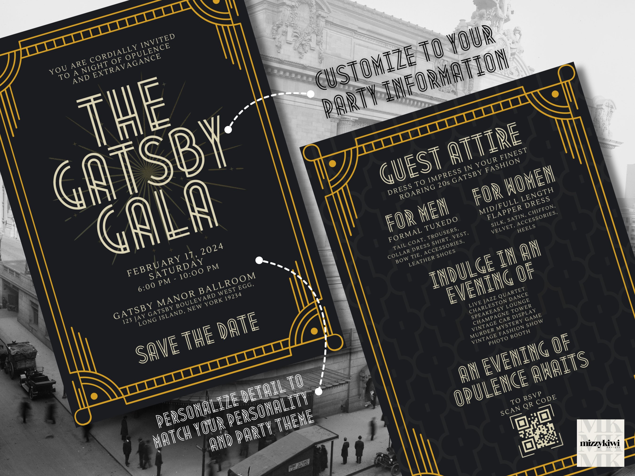 Great Gatsby Party Invitation Card Template Editable Roaring 20s Soiree ...