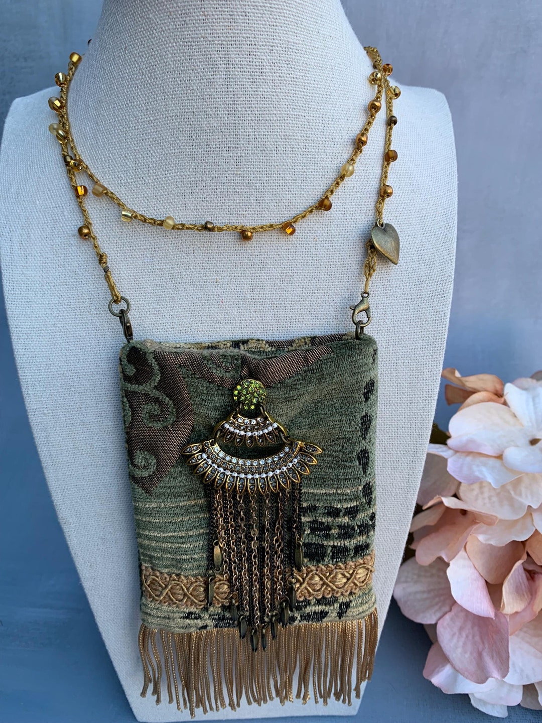 Elegant Green Spangle Beaded Crochet Amulet Necklace, Boho Style ...