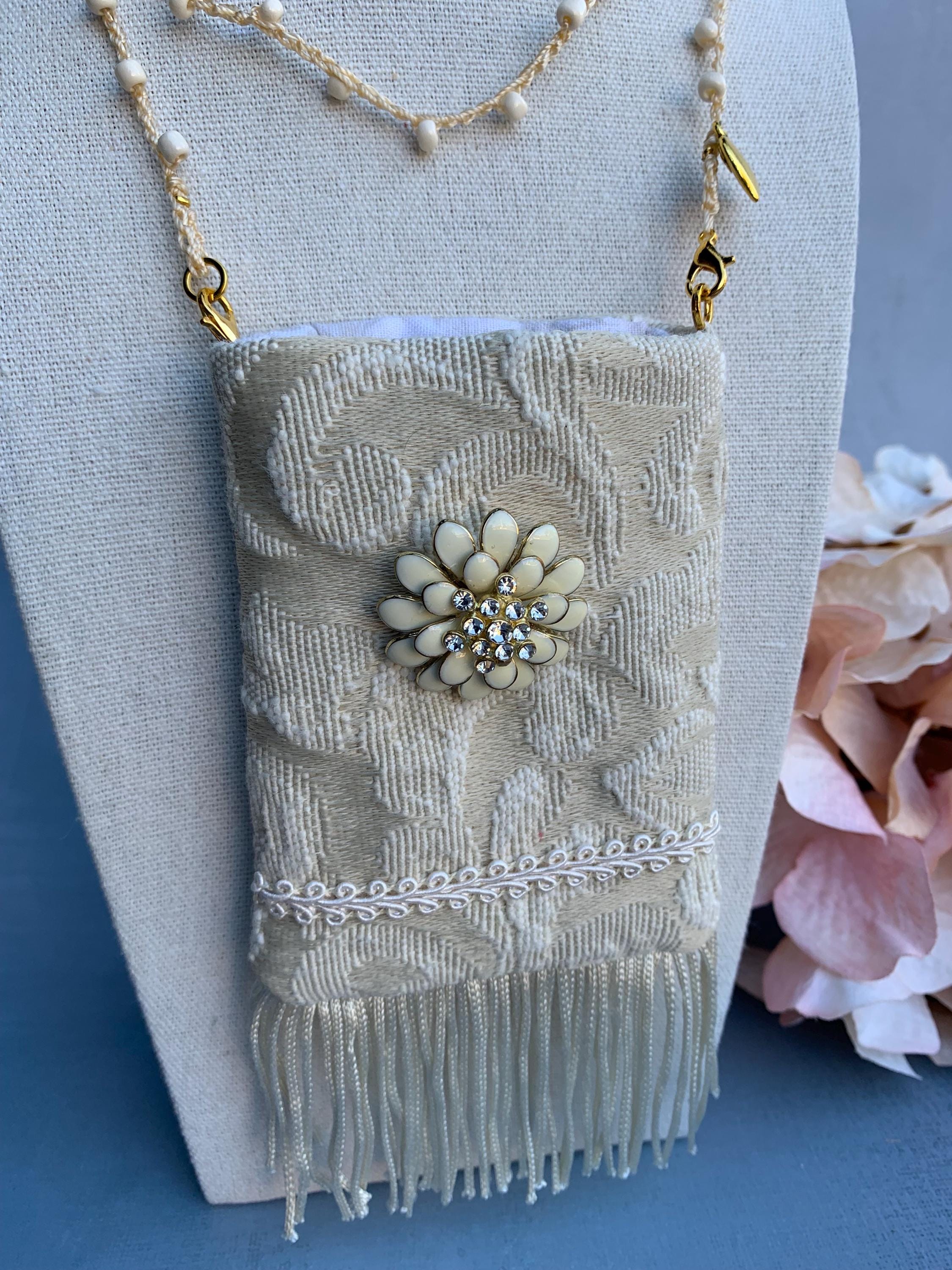 Ivory Flower Beaded Crochet Amulet Necklace, Boho Style Talisman Pouch ...