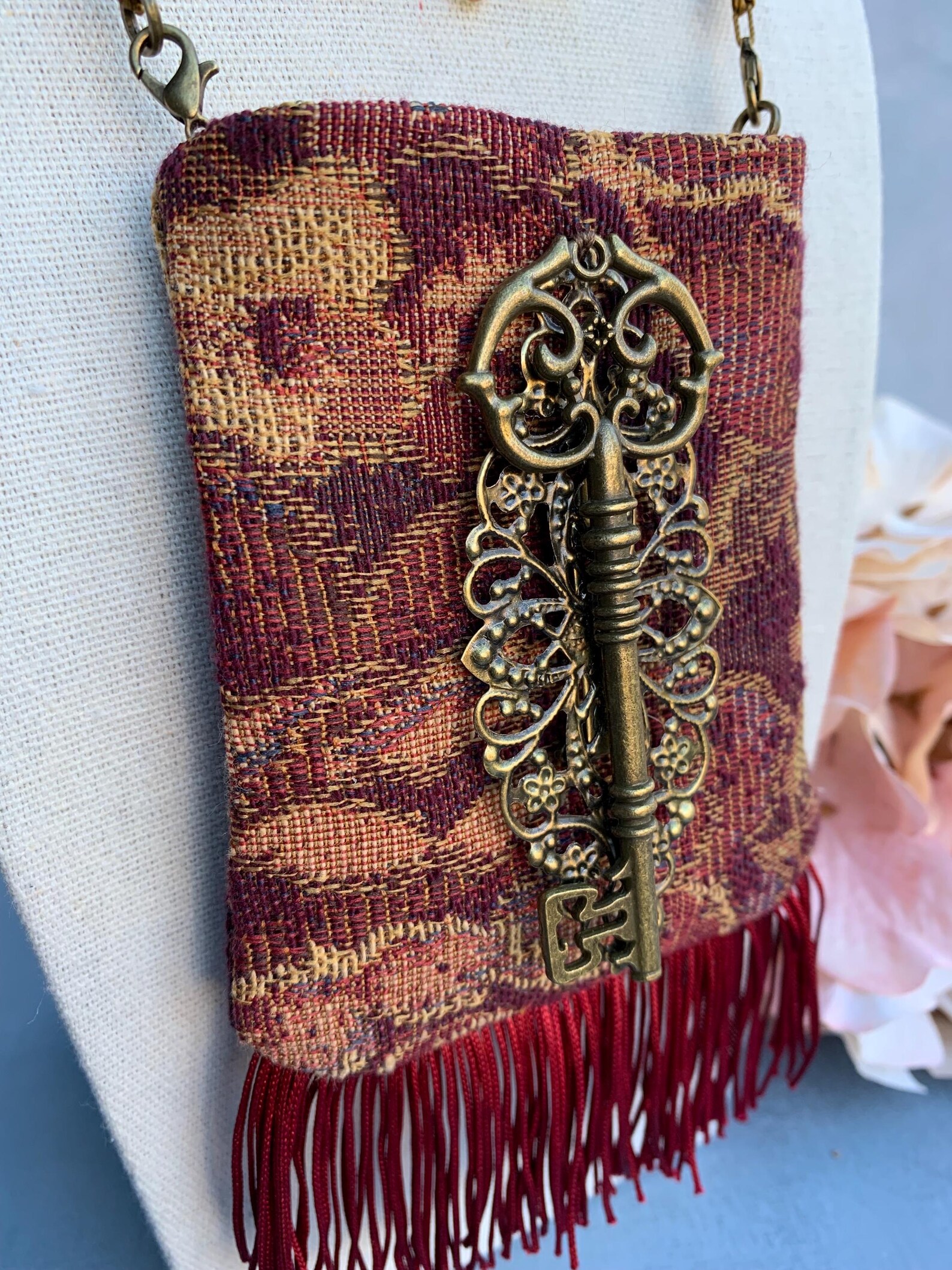 Burgundy Garden Gate Key Beaded Crochet Amulet Necklace, Boho Style ...