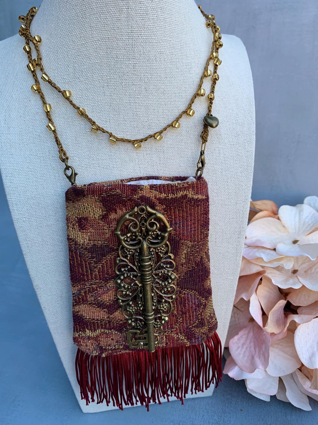 Burgundy Garden Gate Key Beaded Crochet Amulet Necklace, Boho Style ...