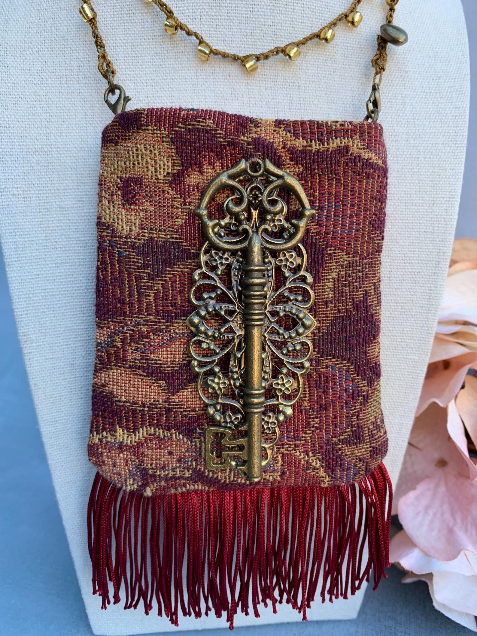 Burgundy Garden Gate Key Beaded Crochet Amulet Necklace, Boho Style ...