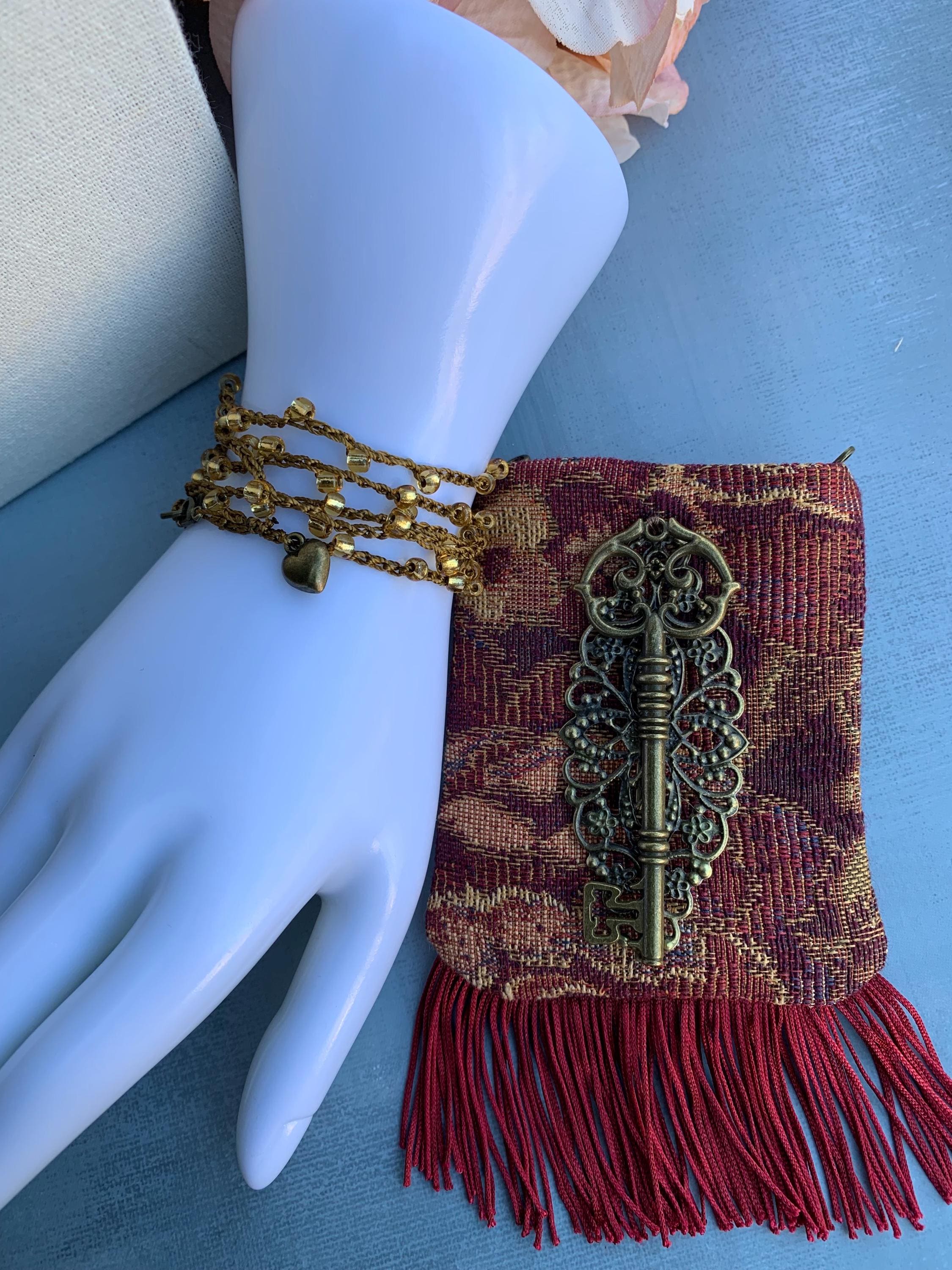 Burgundy Garden Gate Key Beaded Crochet Amulet Necklace, Boho Style ...