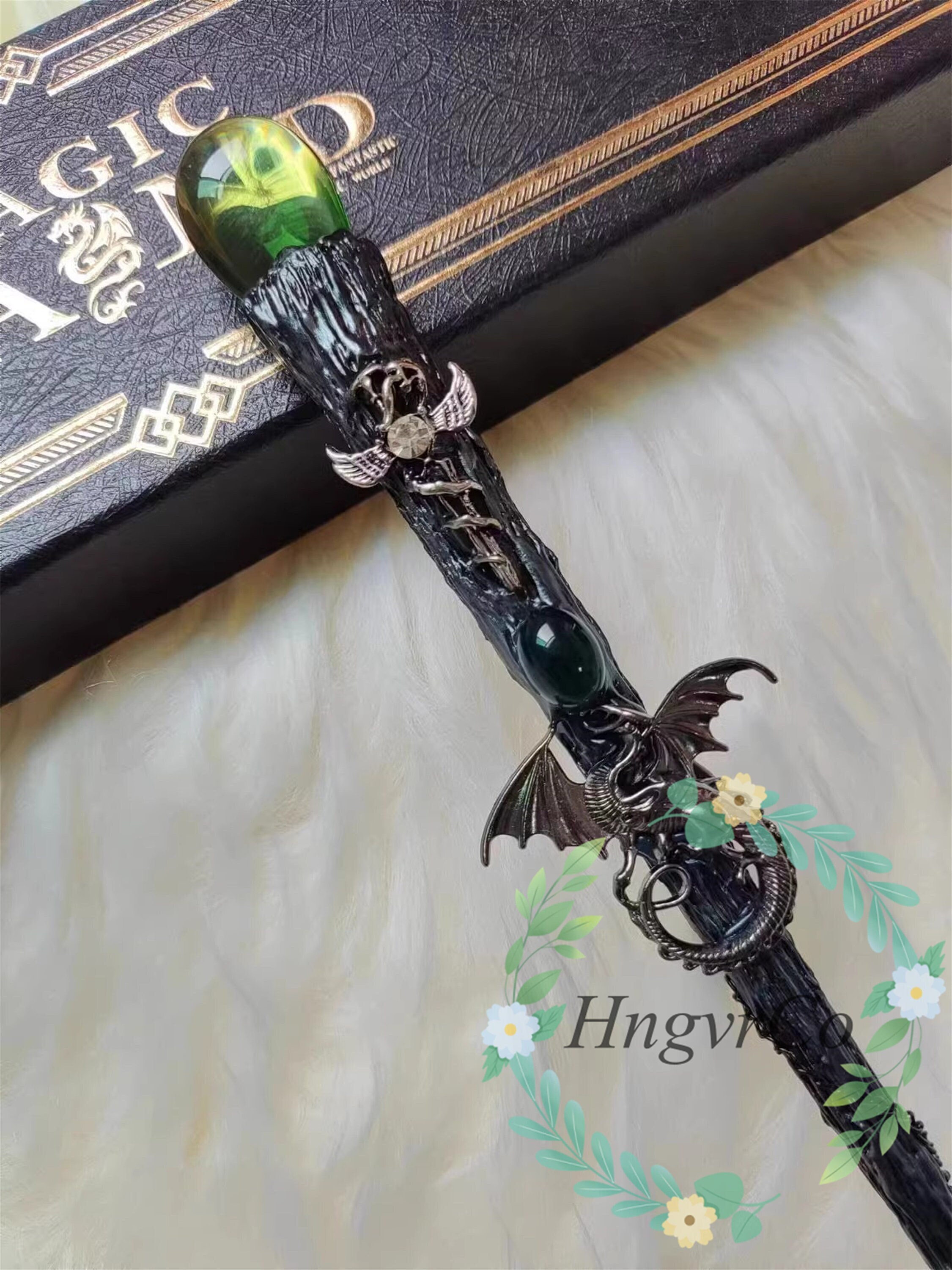 Vintage Magic Dragon Green Crystal Wand Magic Halloween Wand Wing Evil ...