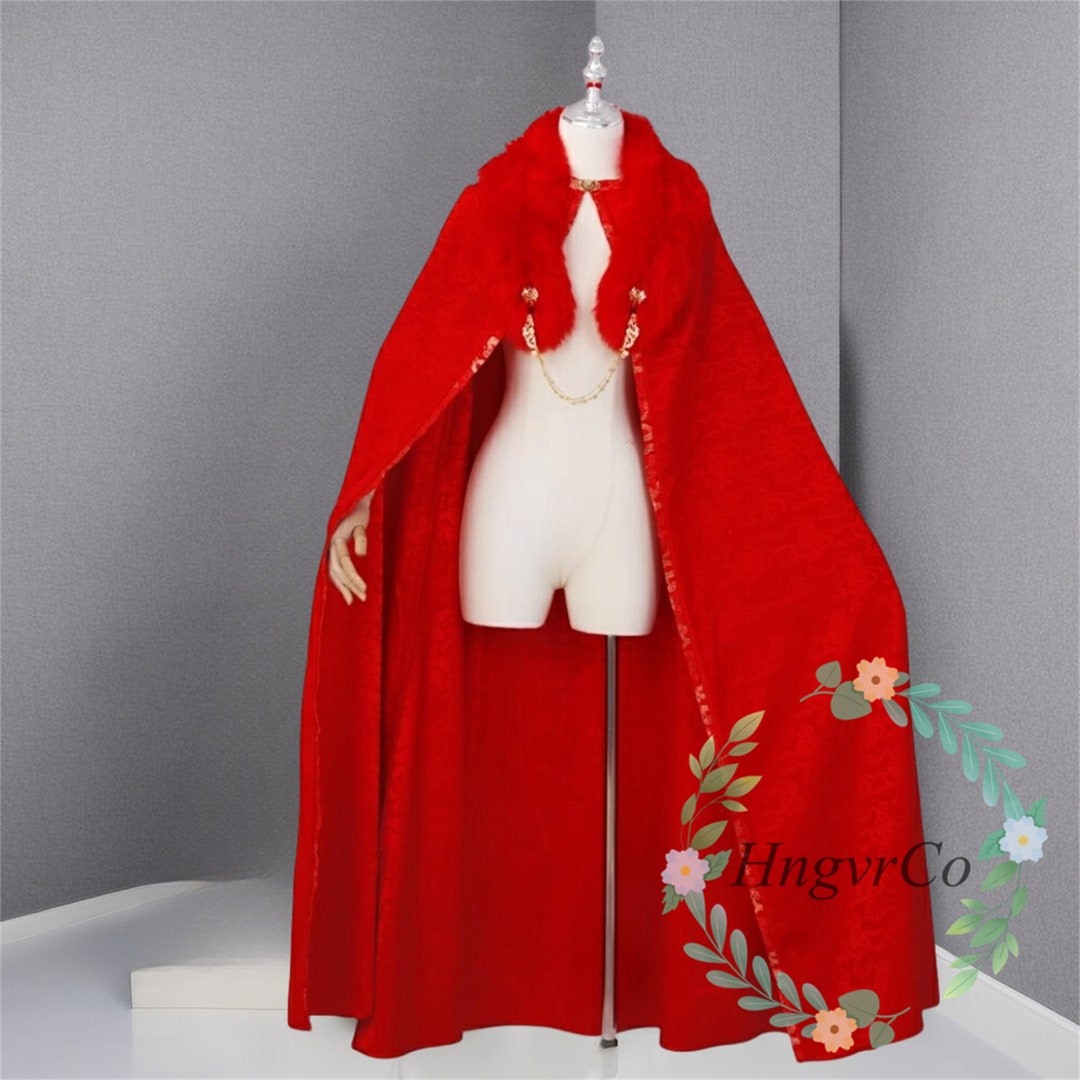 Retro Red Jacquard Long Cape With Faux Fur Collar. Cosplay Robe. Magic ...