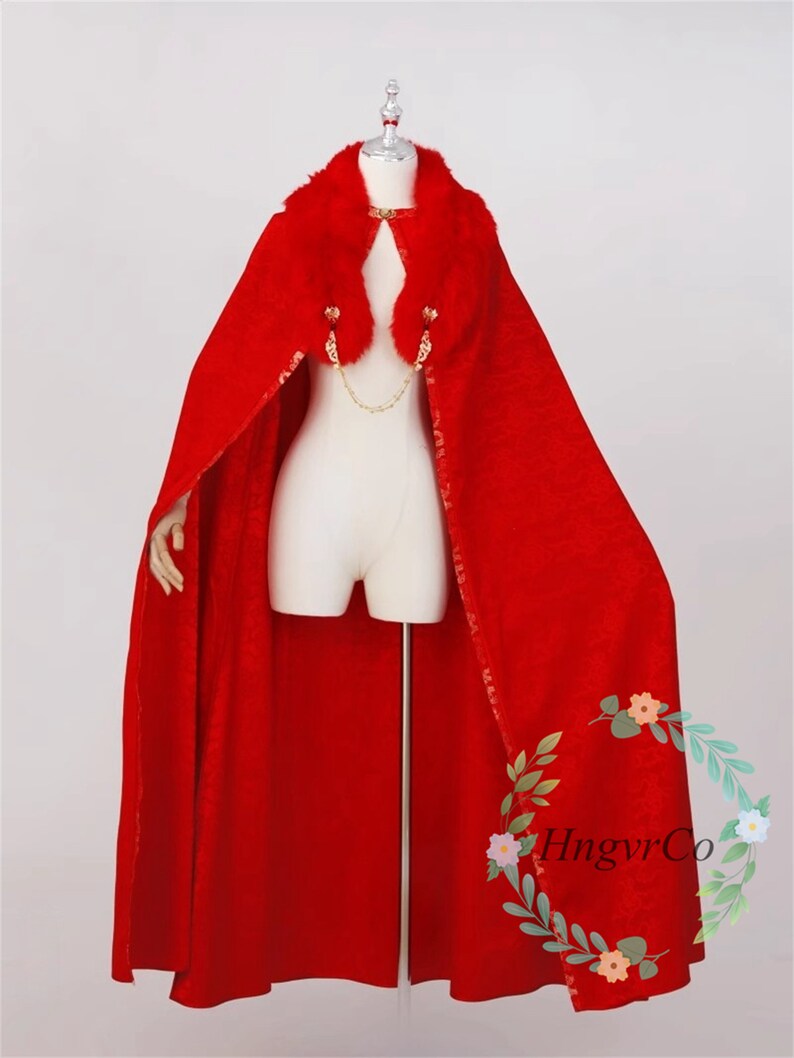 Retro Red Jacquard Long Cape With Faux Fur Collar. Cosplay Robe. Magic ...