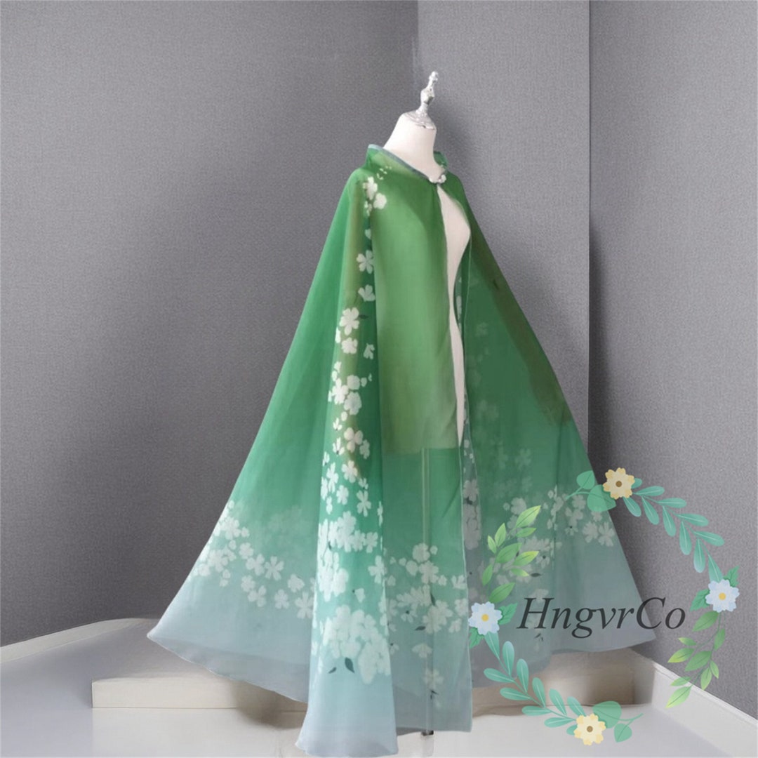 Green Gradient Chiffon Long Cloak. Adult Floral Transparent Cape ...