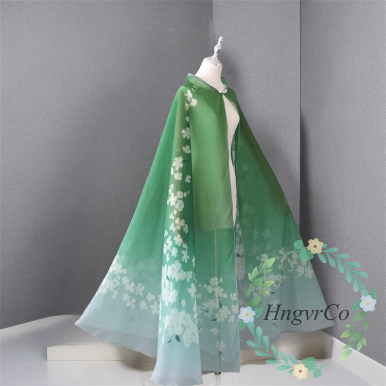 Green Gradient Chiffon Long Cloak. Adult Floral Transparent Cape ...