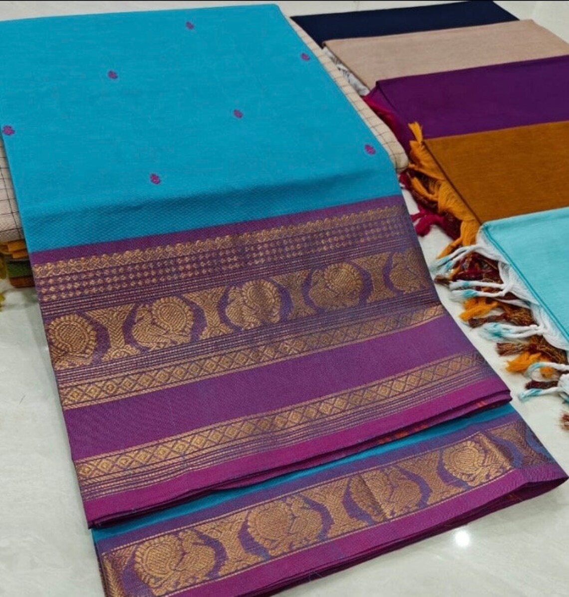 Firozi Blue Color With Majenta Border | Chettinad | Pure Cotton | Zari ...