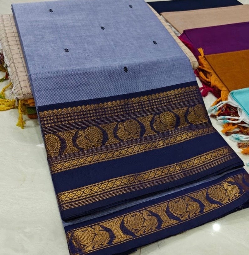 Light Gray Color With Navy Border | Chettinad | Pure Cotton | Zari ...