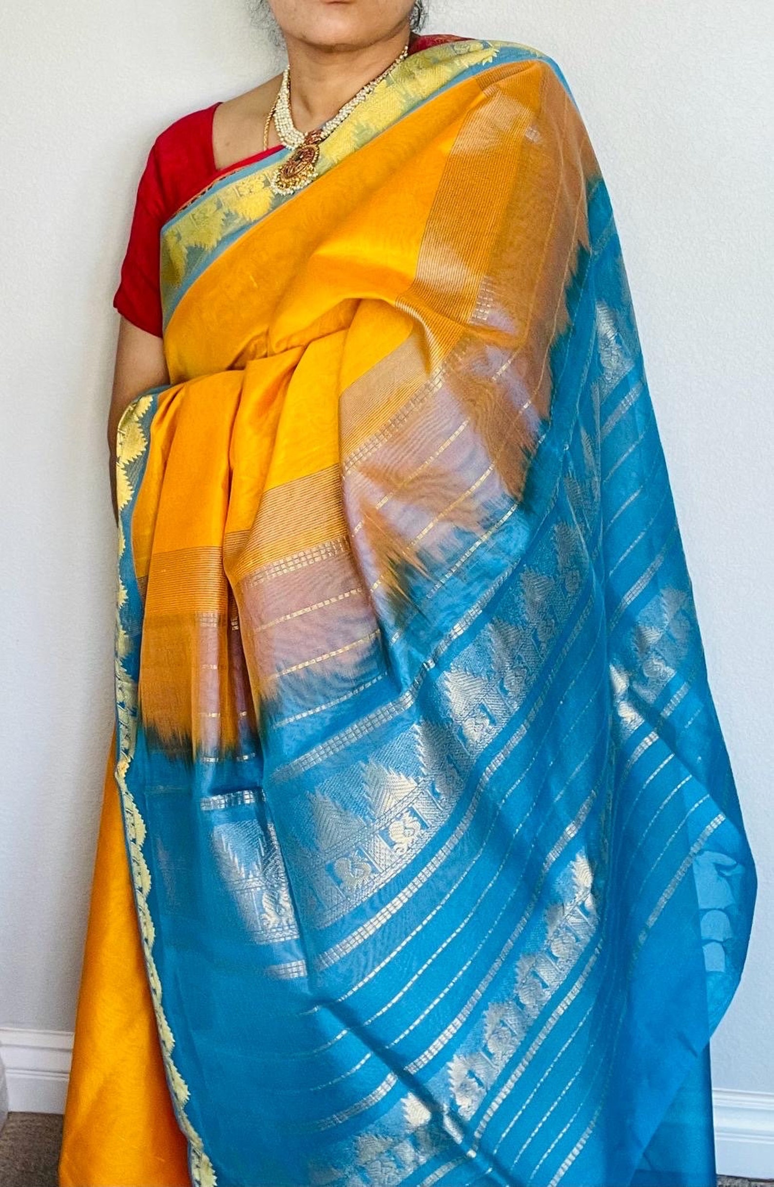 Handloom Mango Yellow Color Body With Firozi Blue Color Border Silk ...