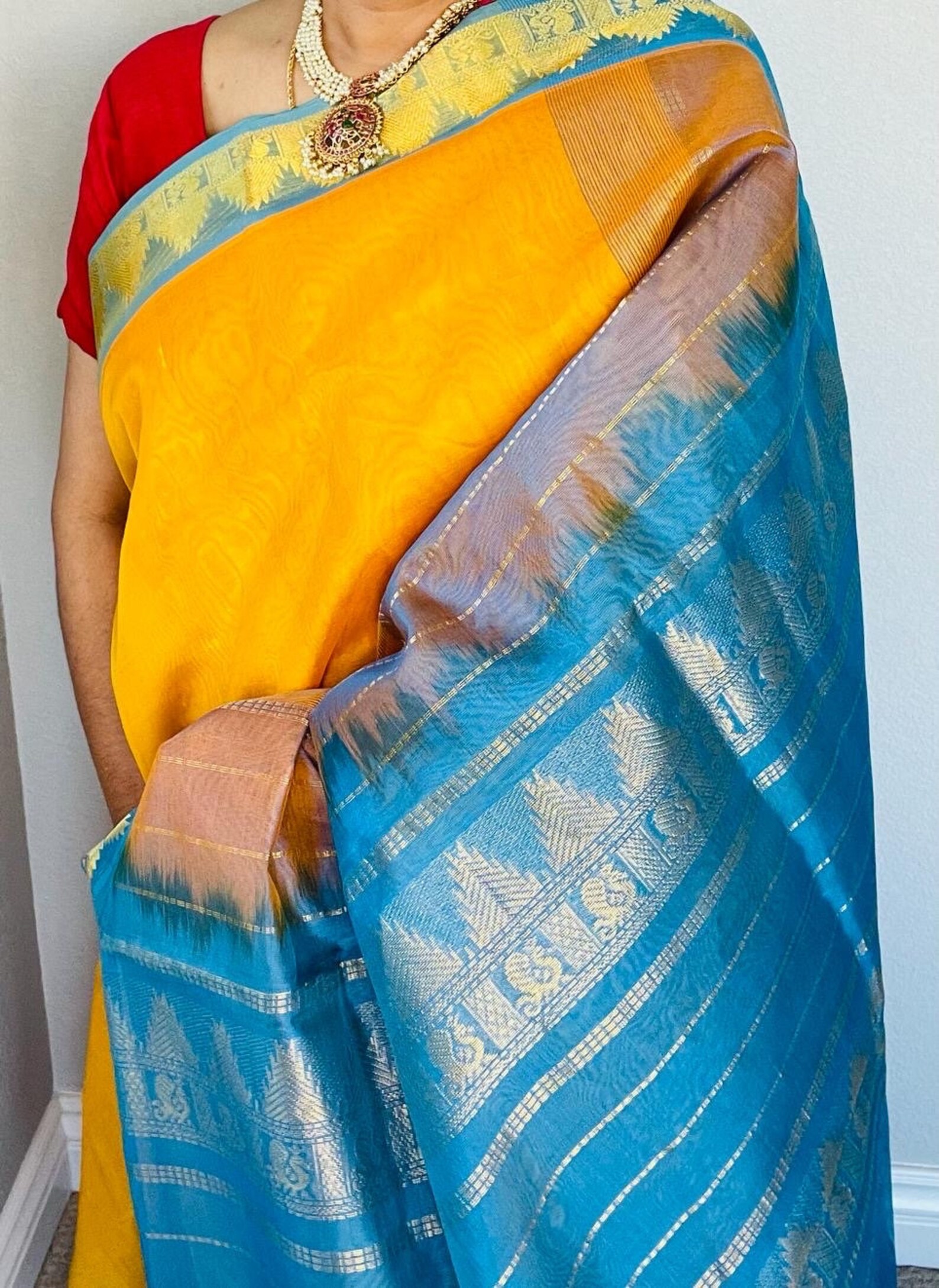 Handloom Mango Yellow Color Body With Firozi Blue Color Border Silk ...