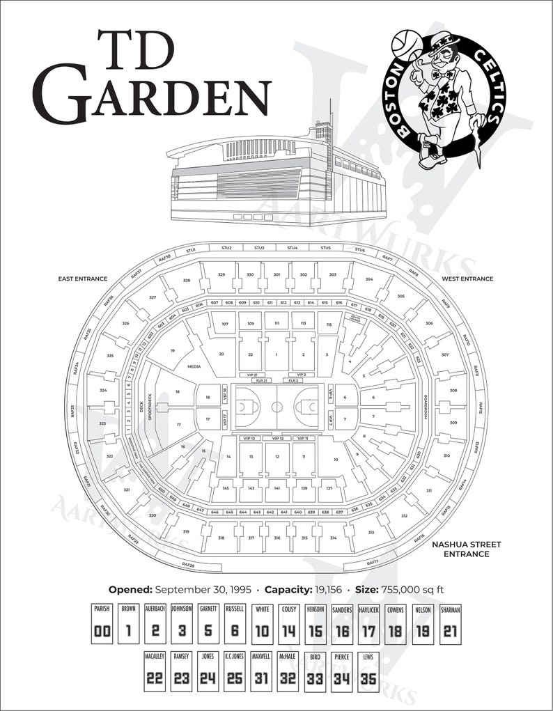 Boston Celtics TD Garden Seating Plan Poster: Laser Engraving ...