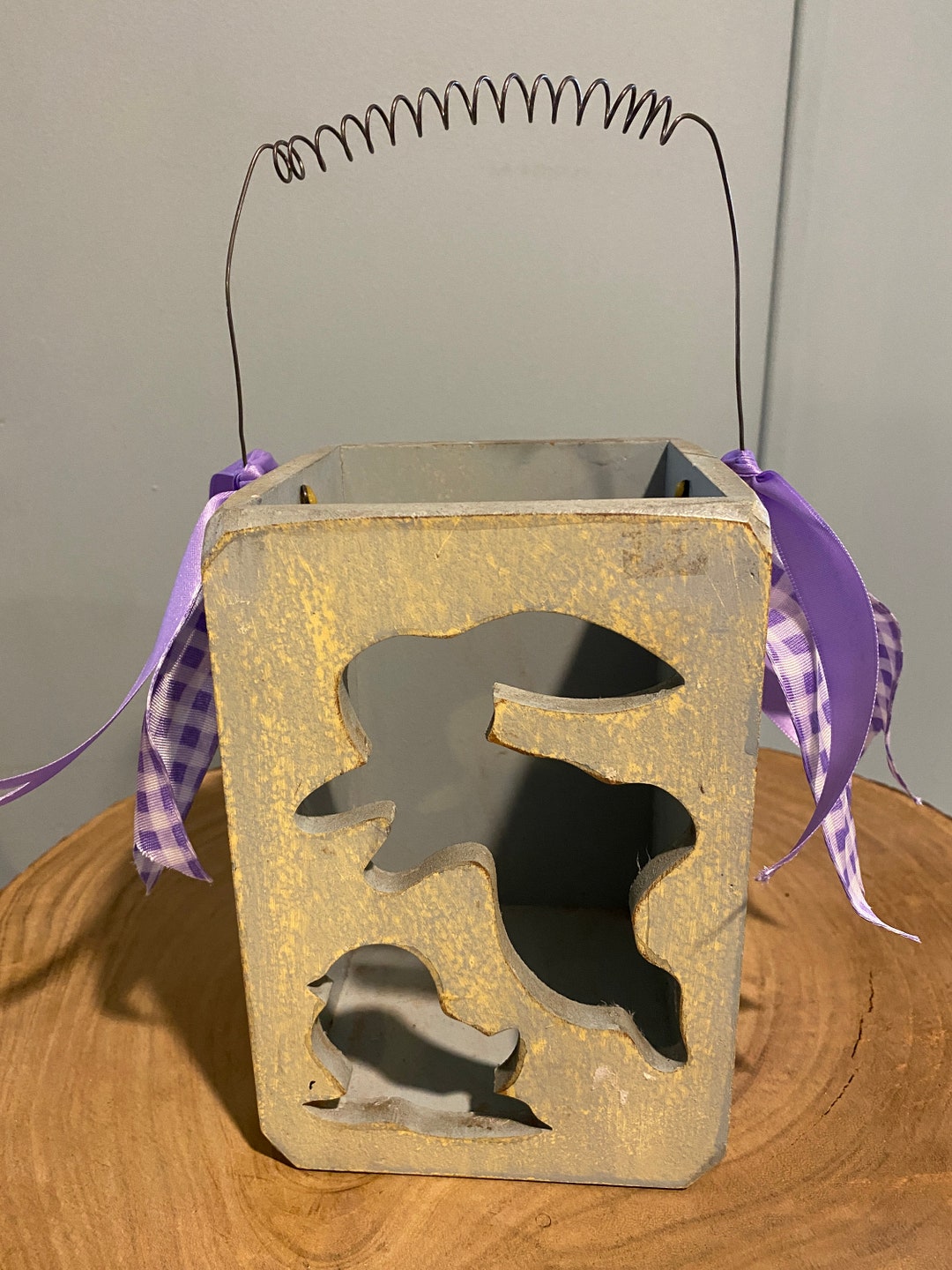 Wood Easter Basket, Bunny & Chick Cutouts, Wire Handle, Spring Decor ...