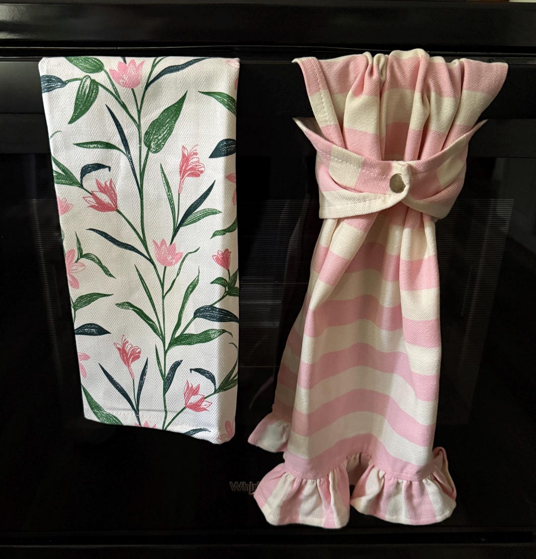 Ruffle Snap on Kitchen Towel Bundle, Pink Ruffle Stripe, Floral Dish ...