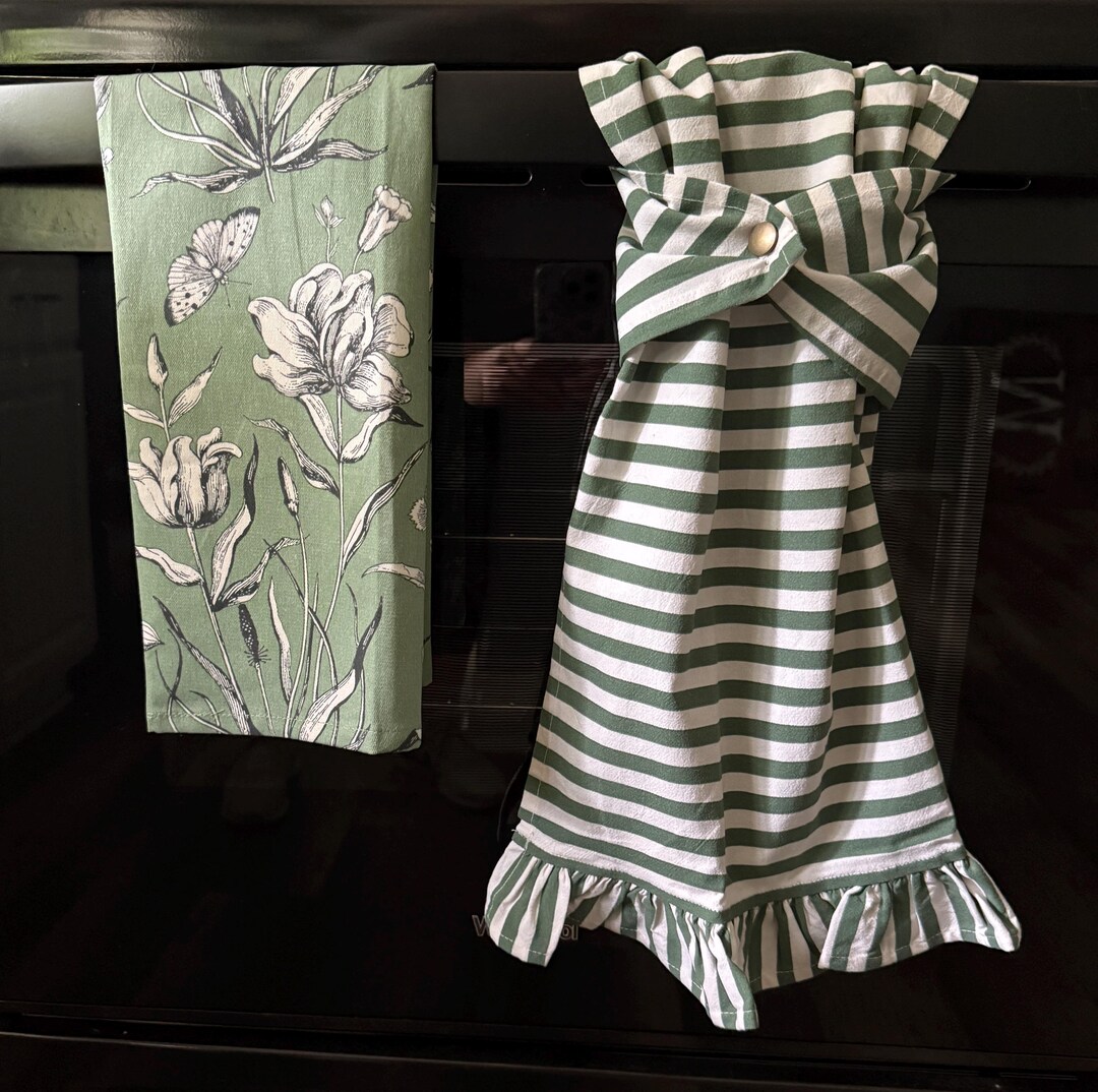 Ruffle Snap on Kitchen Towel Bundle, Green Ruffle Stripe, Floral Dish ...