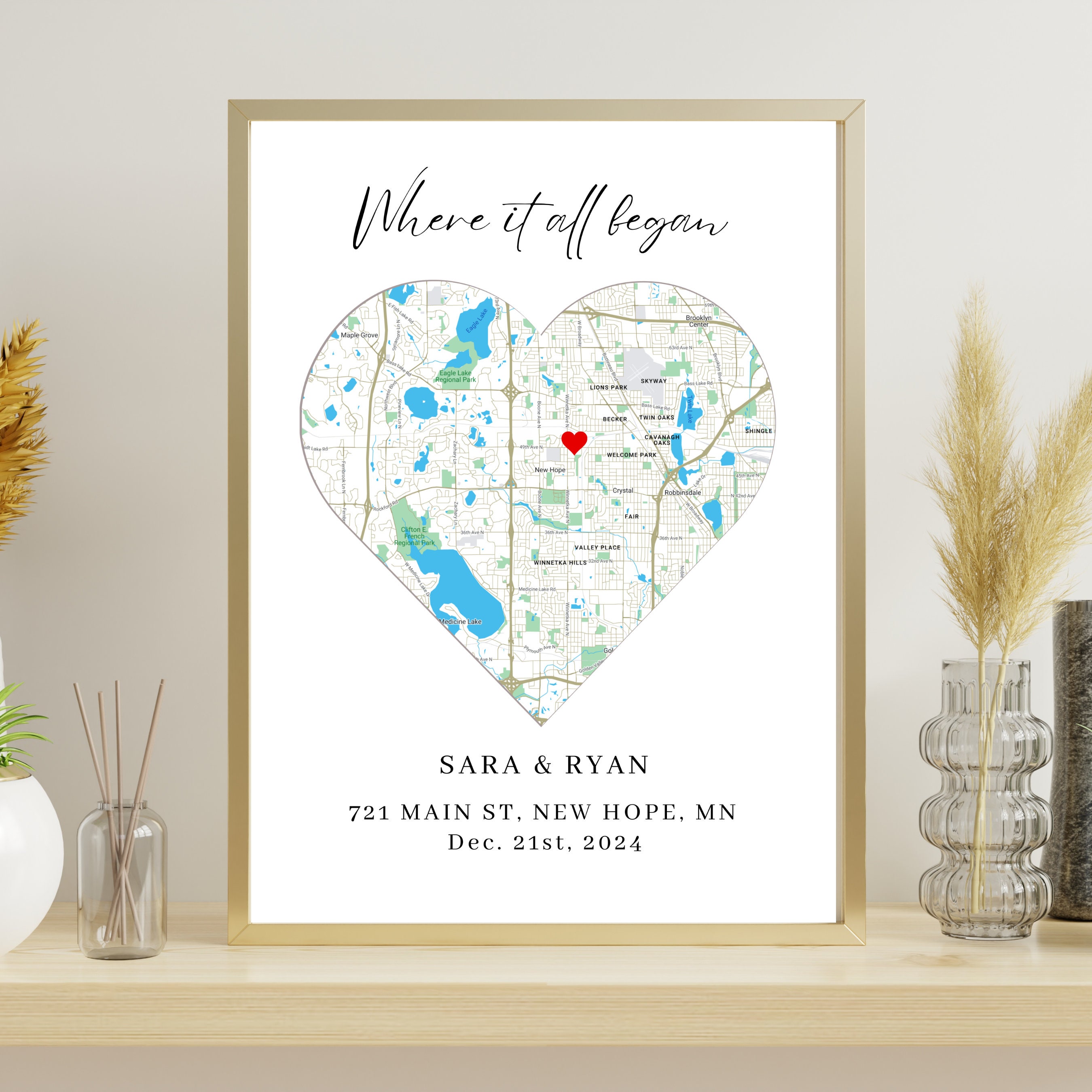 Personalized Map Couple's Sign, Custom Heart Map Print With Names, Gift ...