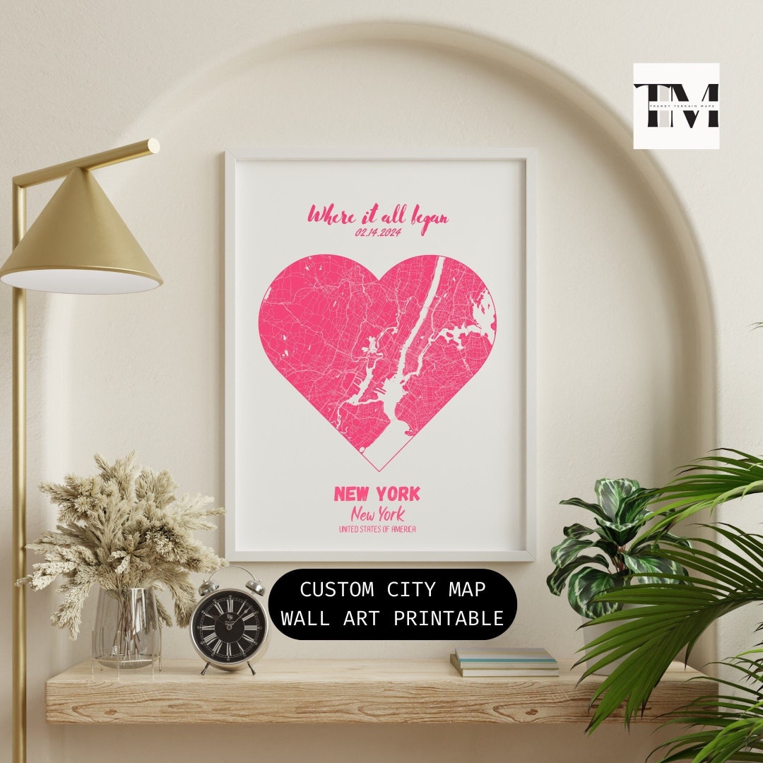 Custom Heart Map of New York, Personalized City Map Poster, Wall Art ...