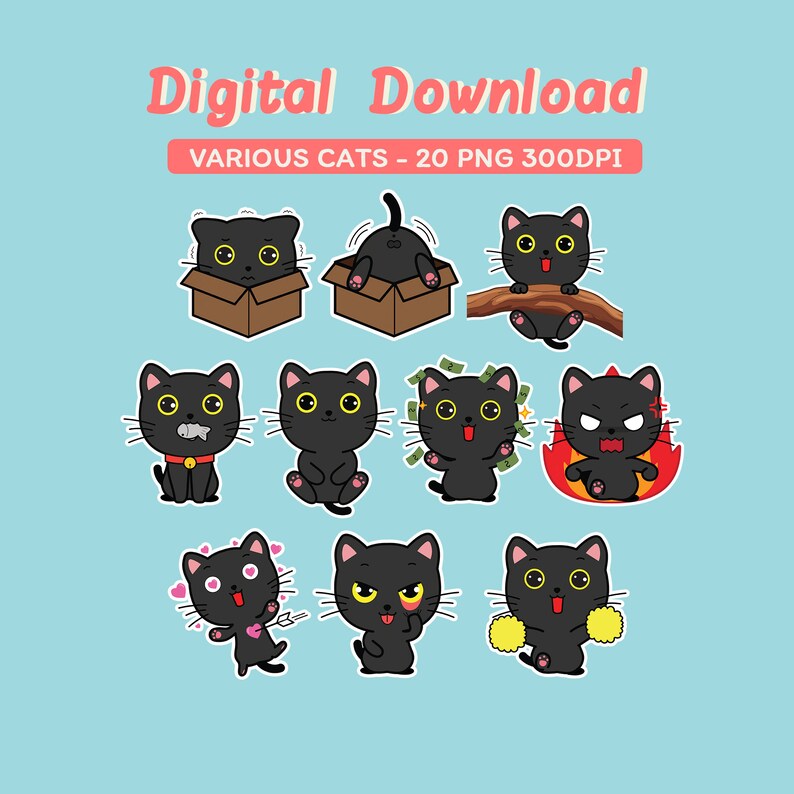 Cute Black Cat, PNG Printable, Cat Planner Stickers, Black Cat Png, Cat ...