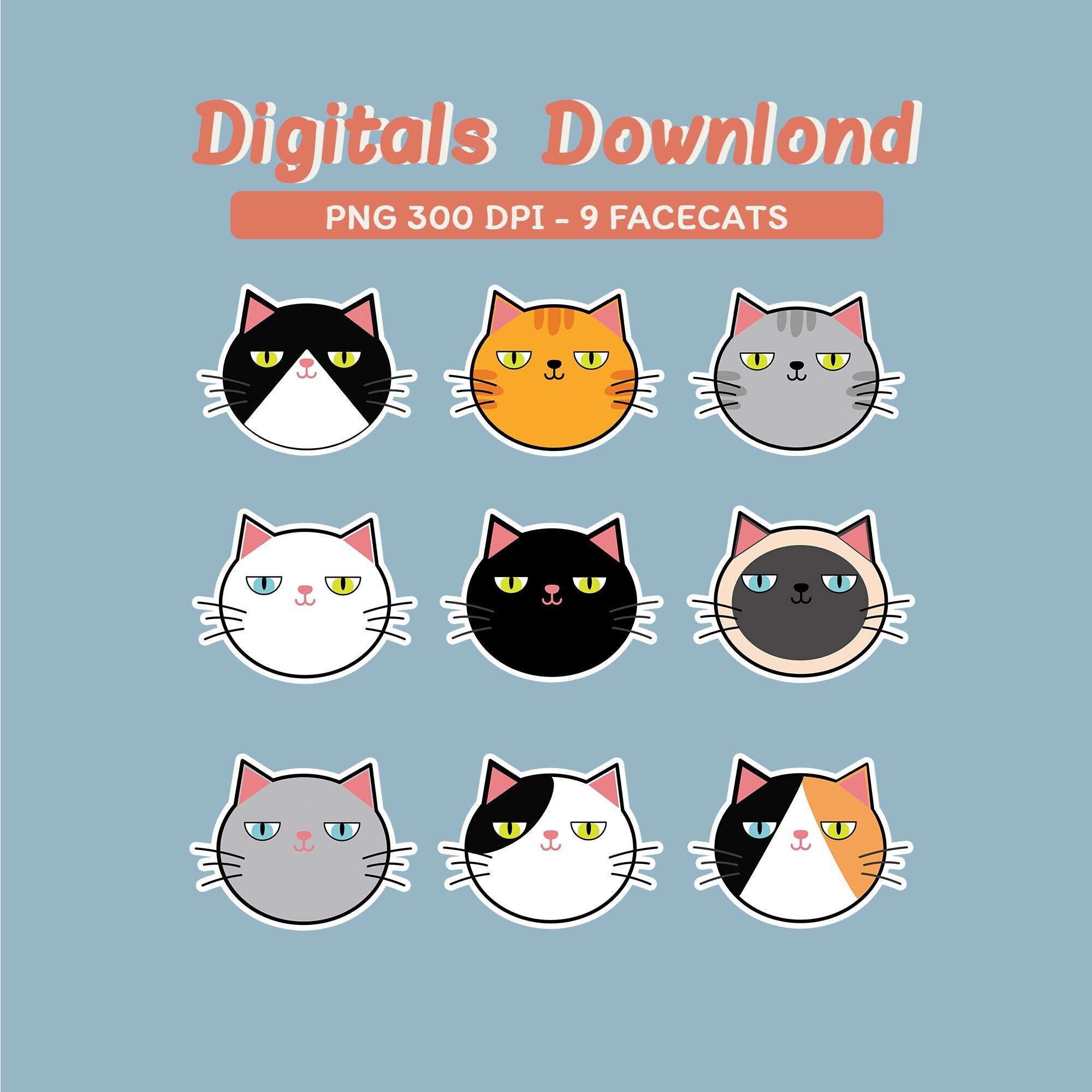 Cat Faces Clipart. Cute Digital Sticker, PNG Printable, Cat Doodles ...