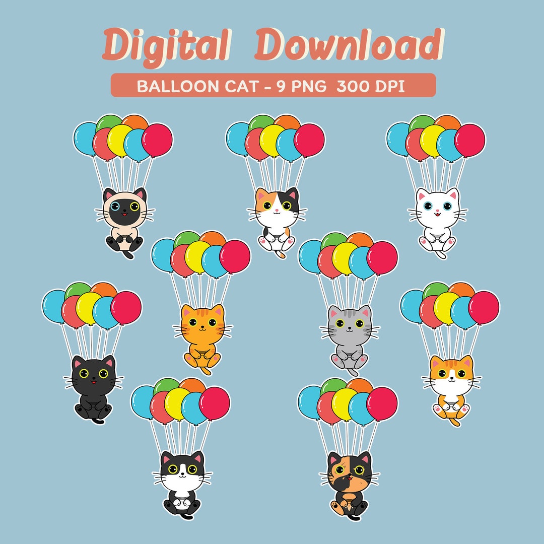 Balloon Cat Clipart | Kitten PNG Clipart | Planner Stickers | Printable ...