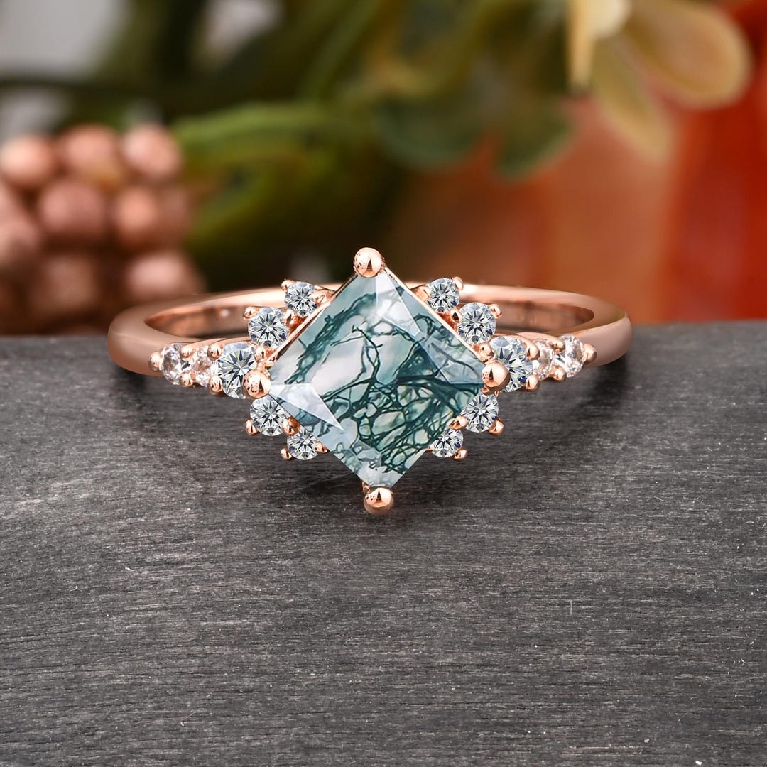 Art Deco Princess Cut Moss Agate Engagement Ring, 14k Gold Moissanite ...
