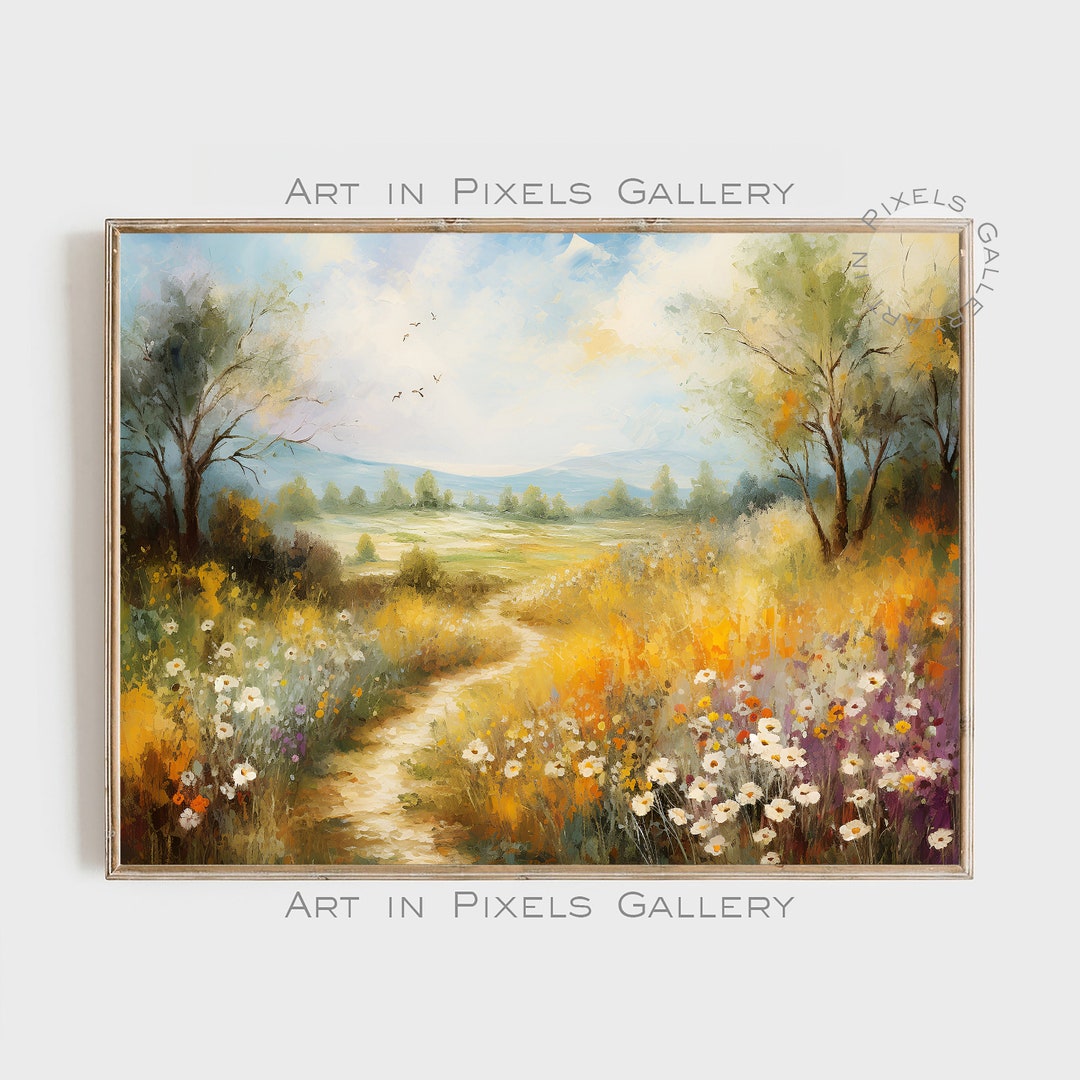 Bucolic Bliss Meadow Painting Download, Vintage Impressionist ...