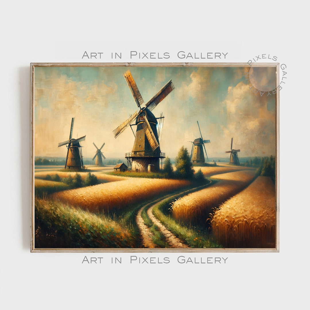 Golden Harvest Windmill Scene, Vintage Farmstead Digital Painting ...
