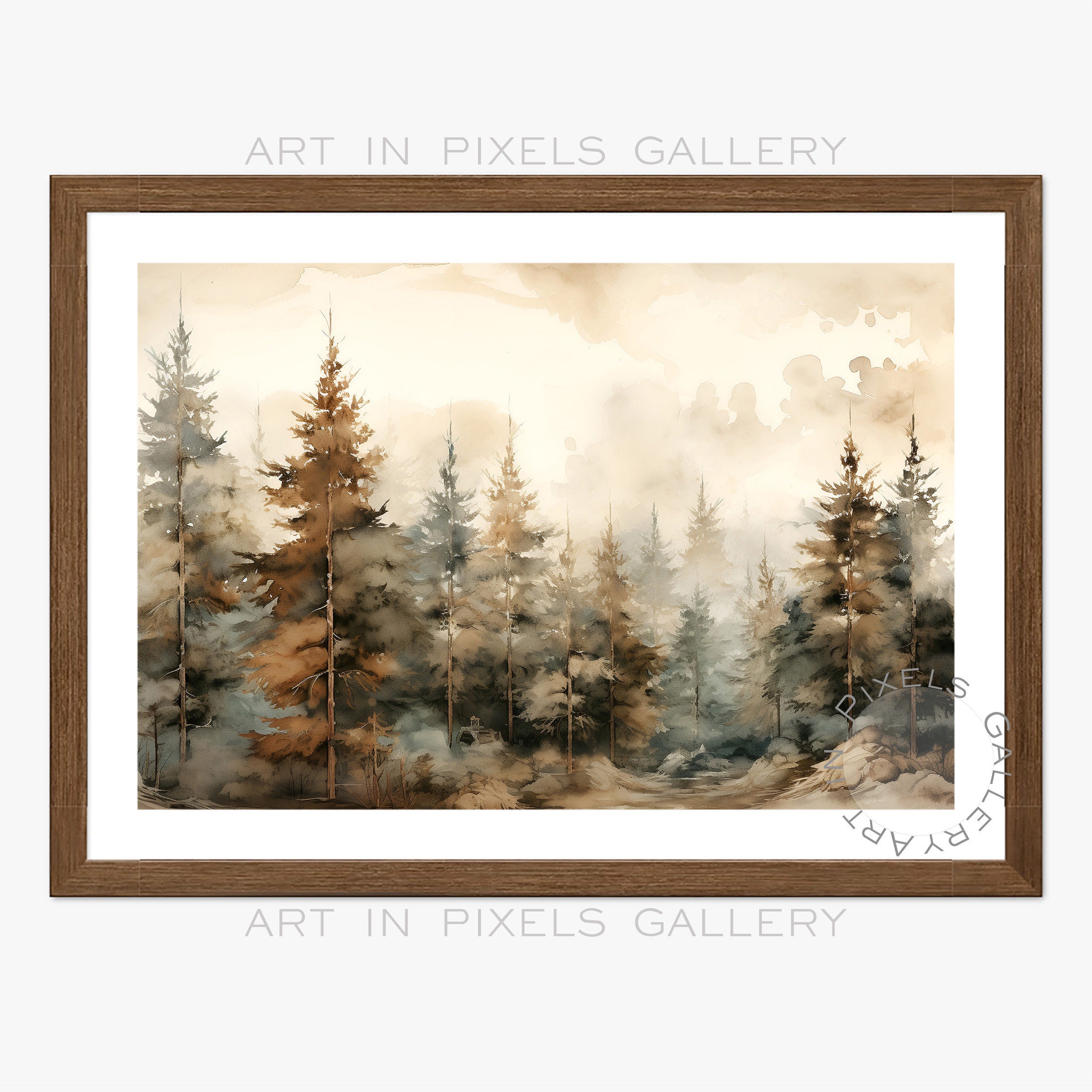 Whispering Pines Watercolor Misty Forest Ink Sketch Digital Download ...