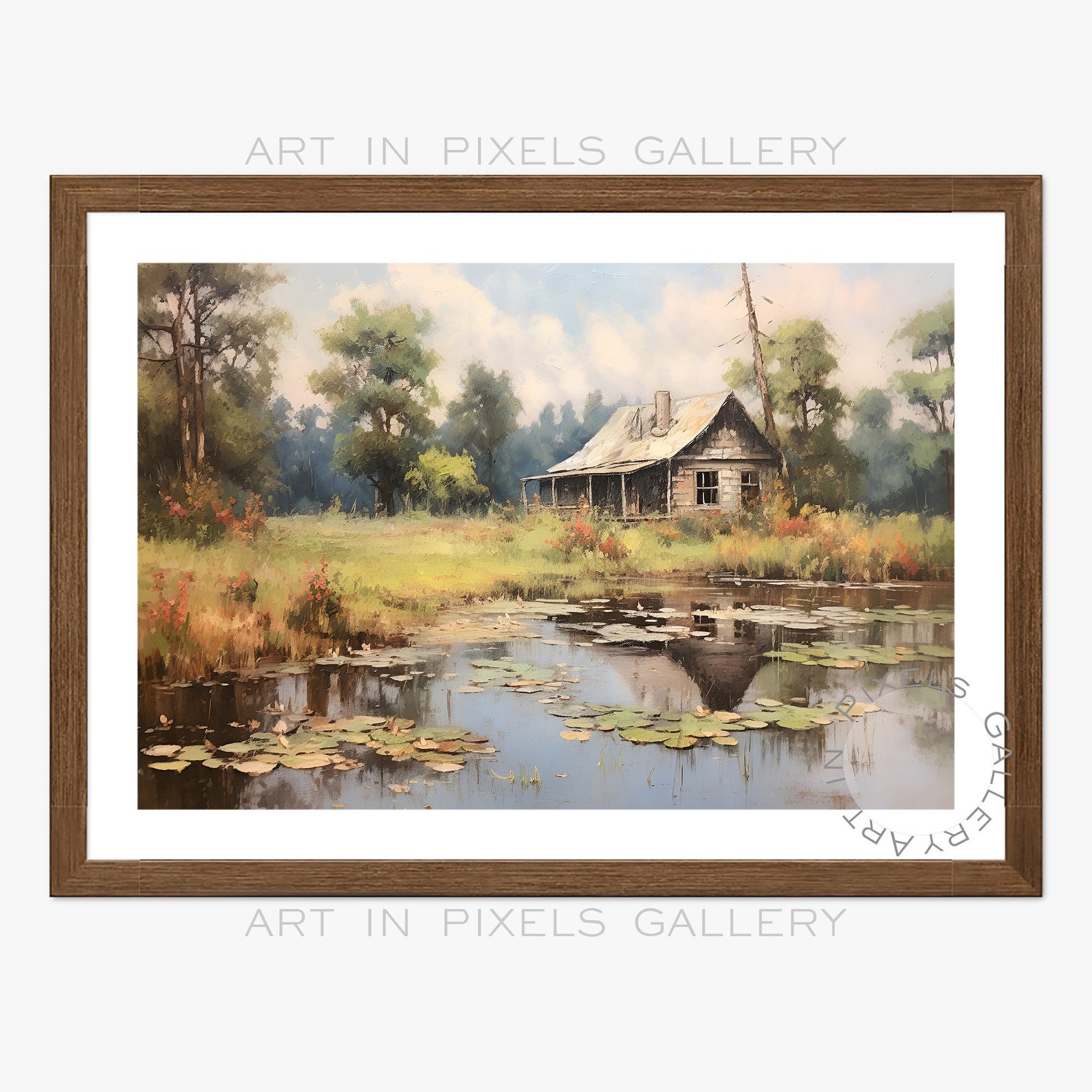 Rustic Lakeside Retreat Digital Painting, Vintage Oil Cottagecore Art ...