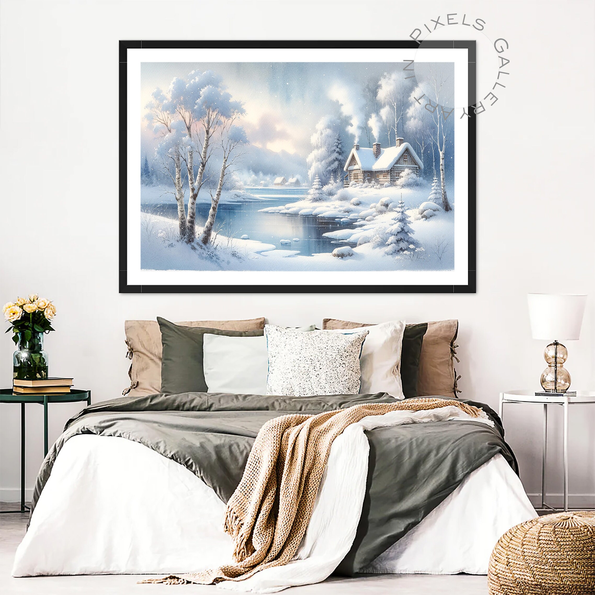 Winter Whisper: Snowy Cabin Retreat - Vintage Watercolor Digital Art ...