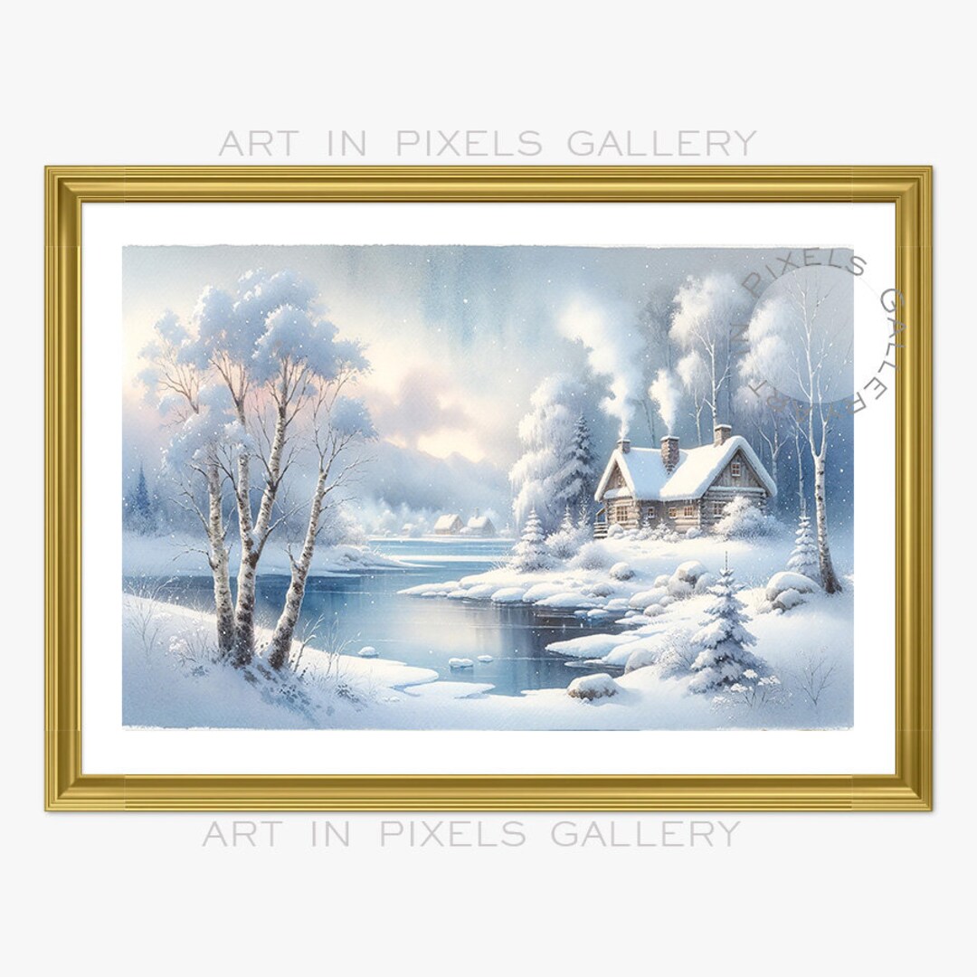 Winter Whisper: Snowy Cabin Retreat - Vintage Watercolor Digital Art ...