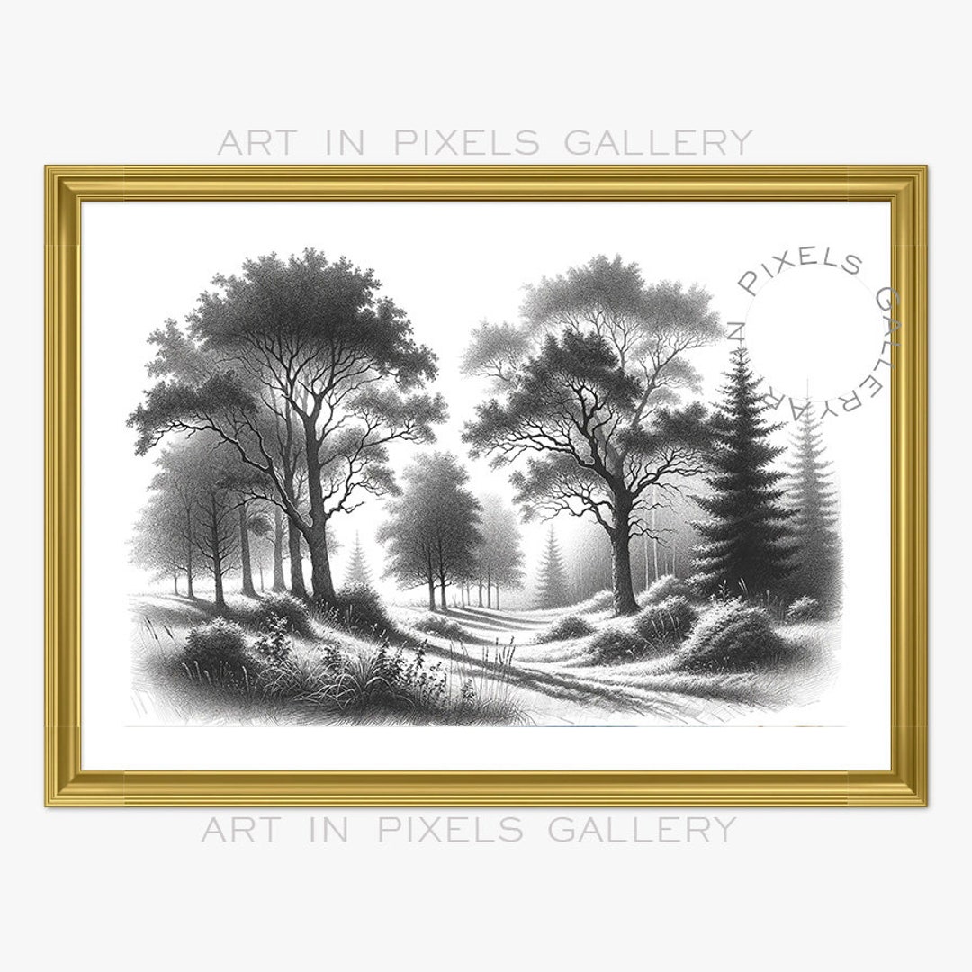Majestic Forest Canopy Sketch, Timeless Vintage Pencil Drawing, Digital ...