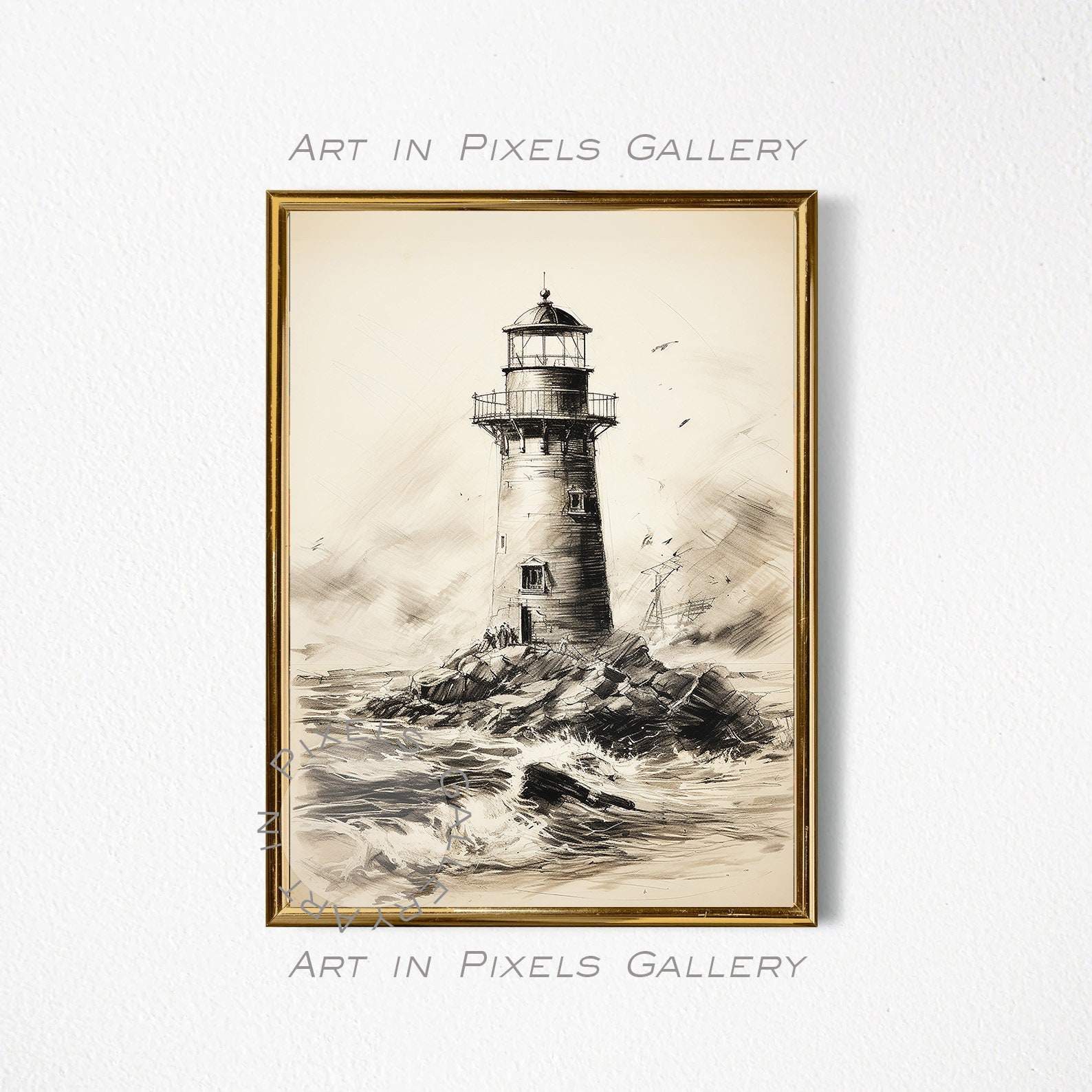 Beacon of Resilience" Charcoal Lighthouse Print, Vintage Nautical ...