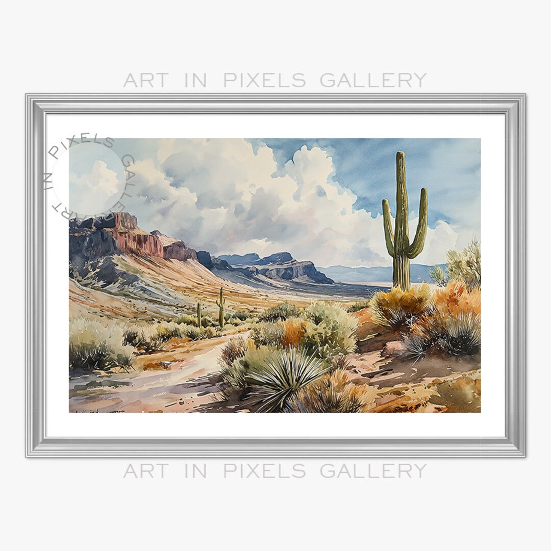 Desert Watercolor Art Download, Vintage Saguaro Cactus Scene, Printable ...