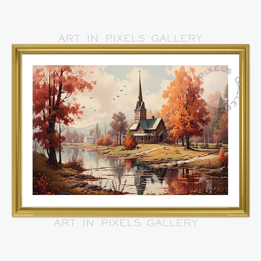 Autumn Sanctuary Art Print - Vintage Church Lakeside Fall Landscape ...