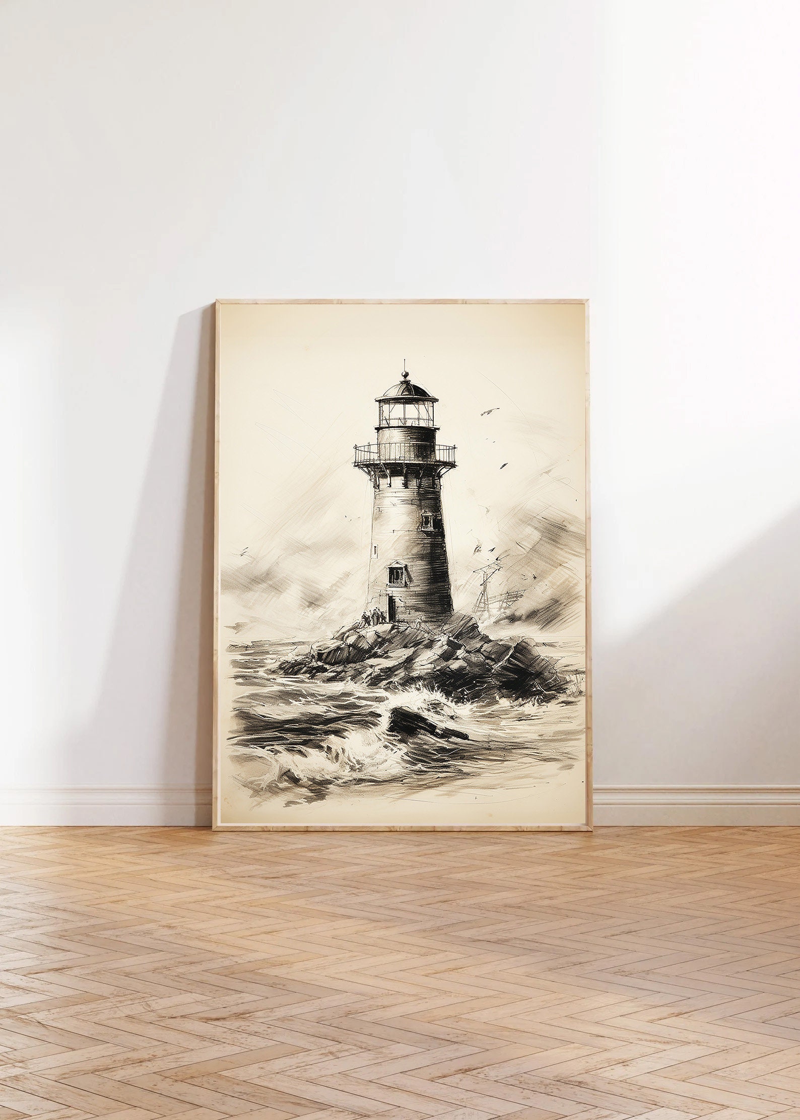 Beacon of Resilience Charcoal Lighthouse Print, Vintage Nautical Sketch ...