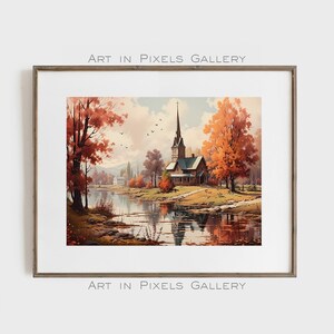 Autumn Sanctuary Art Print - Vintage Church Lakeside Fall Landscape ...
