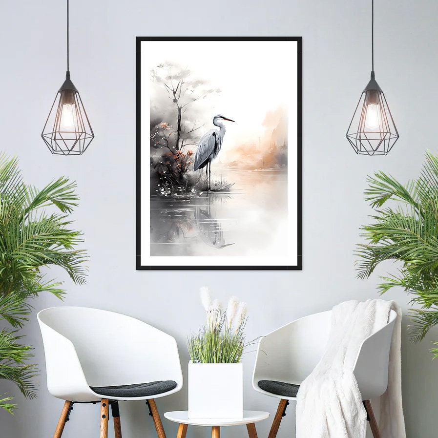 Ethereal Egret Ink Art Print, Vintage Monochrome Digital Download ...