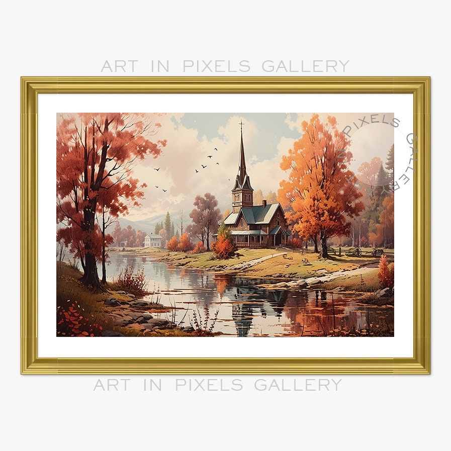 Autumn Sanctuary Art Print Vintage Church Lakeside Fall Landscape ...
