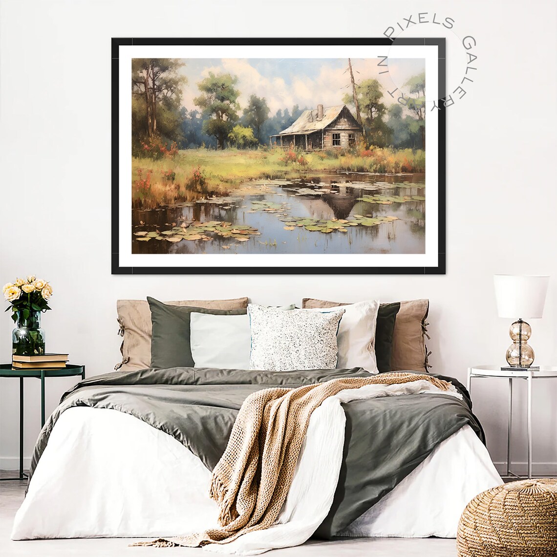 Rustic Lakeside Retreat Digital Painting, Vintage Oil Cottagecore Art ...