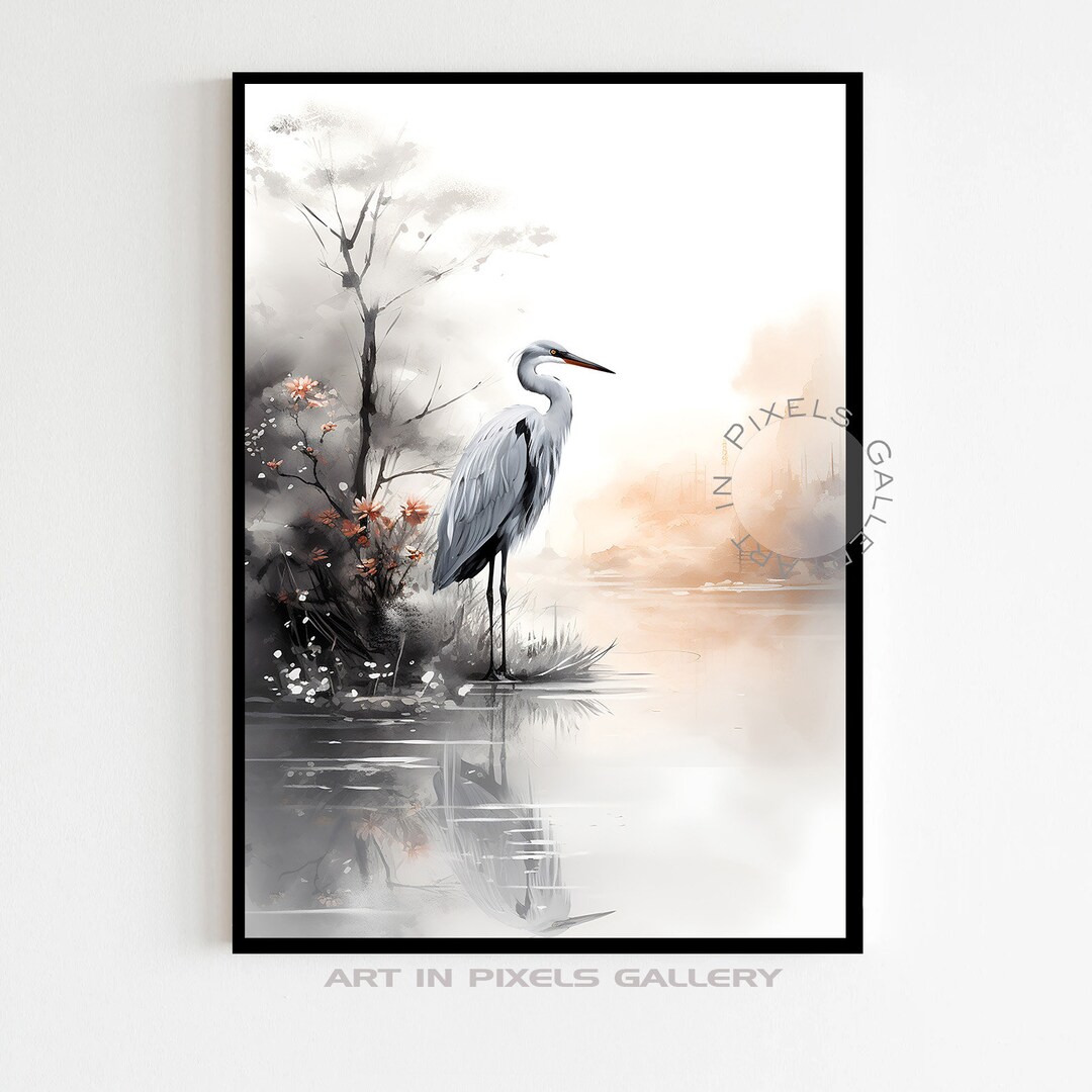 Ethereal Egret Ink Art Print, Vintage Monochrome Digital Download ...