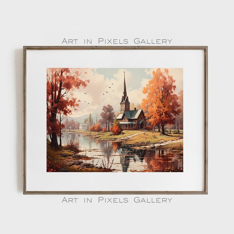 Autumn Sanctuary Art Print - Vintage Church Lakeside Fall Landscape ...