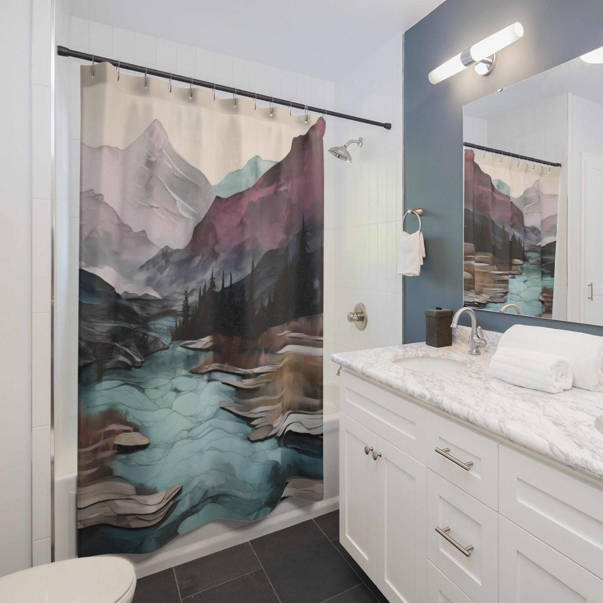 Watercolor Mountain Landscape Shower Curtain River Shower Curtain ...