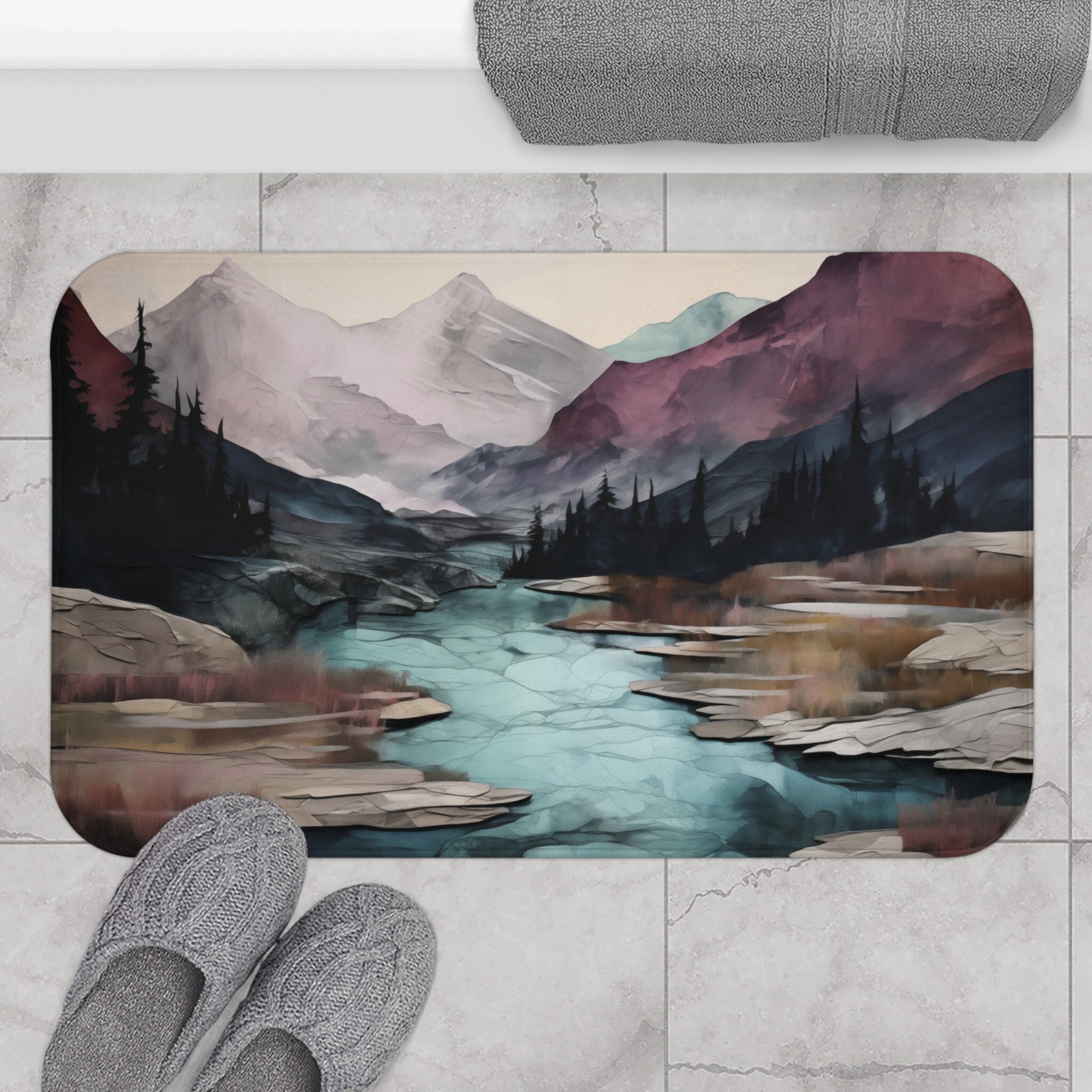 Watercolor River Bath Mat Mountain River Bath Mat Landscape Painting ...